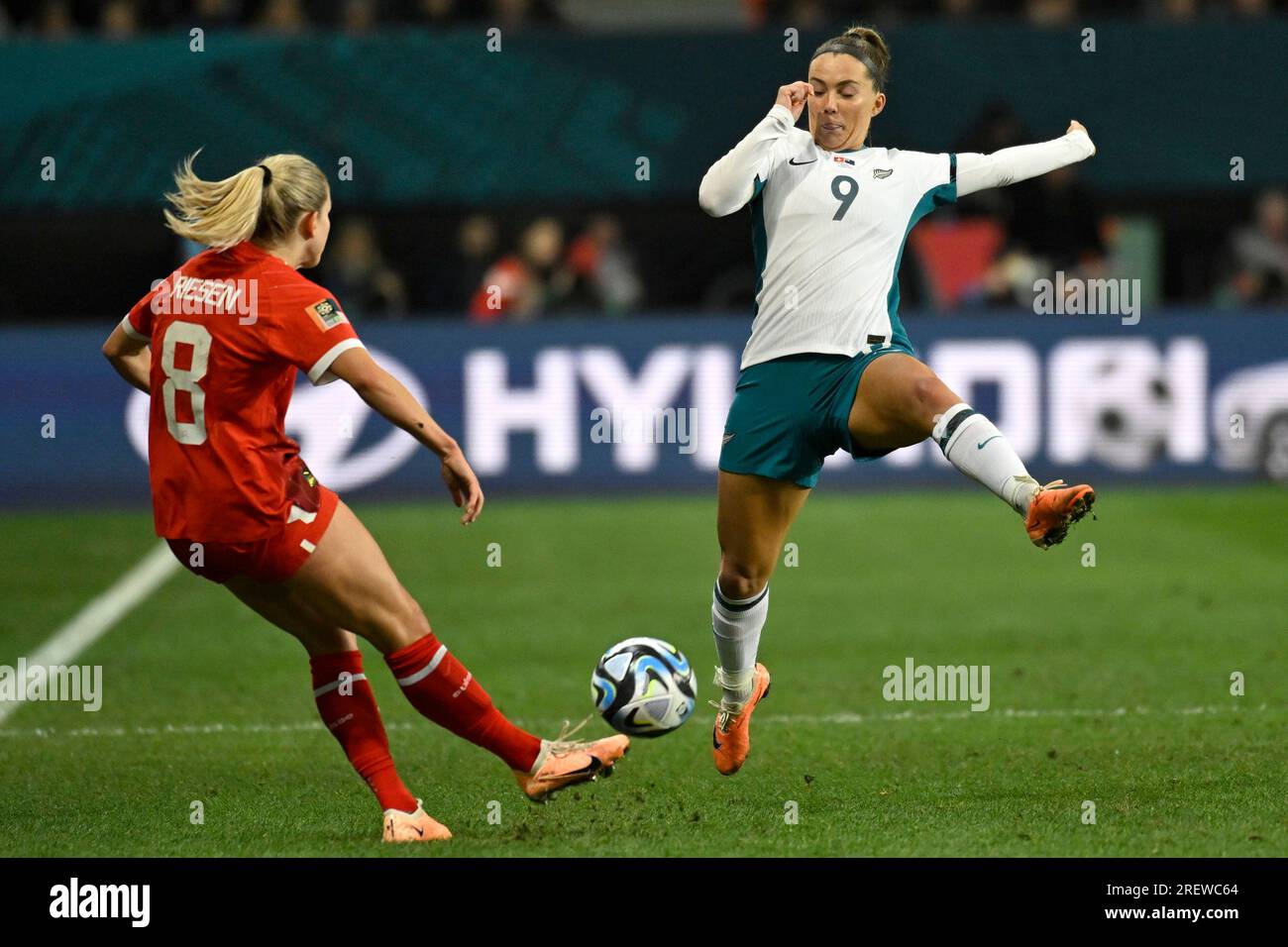 New Zealand's Gabi Rennie, right, challenges Switzerland's Nadine ...