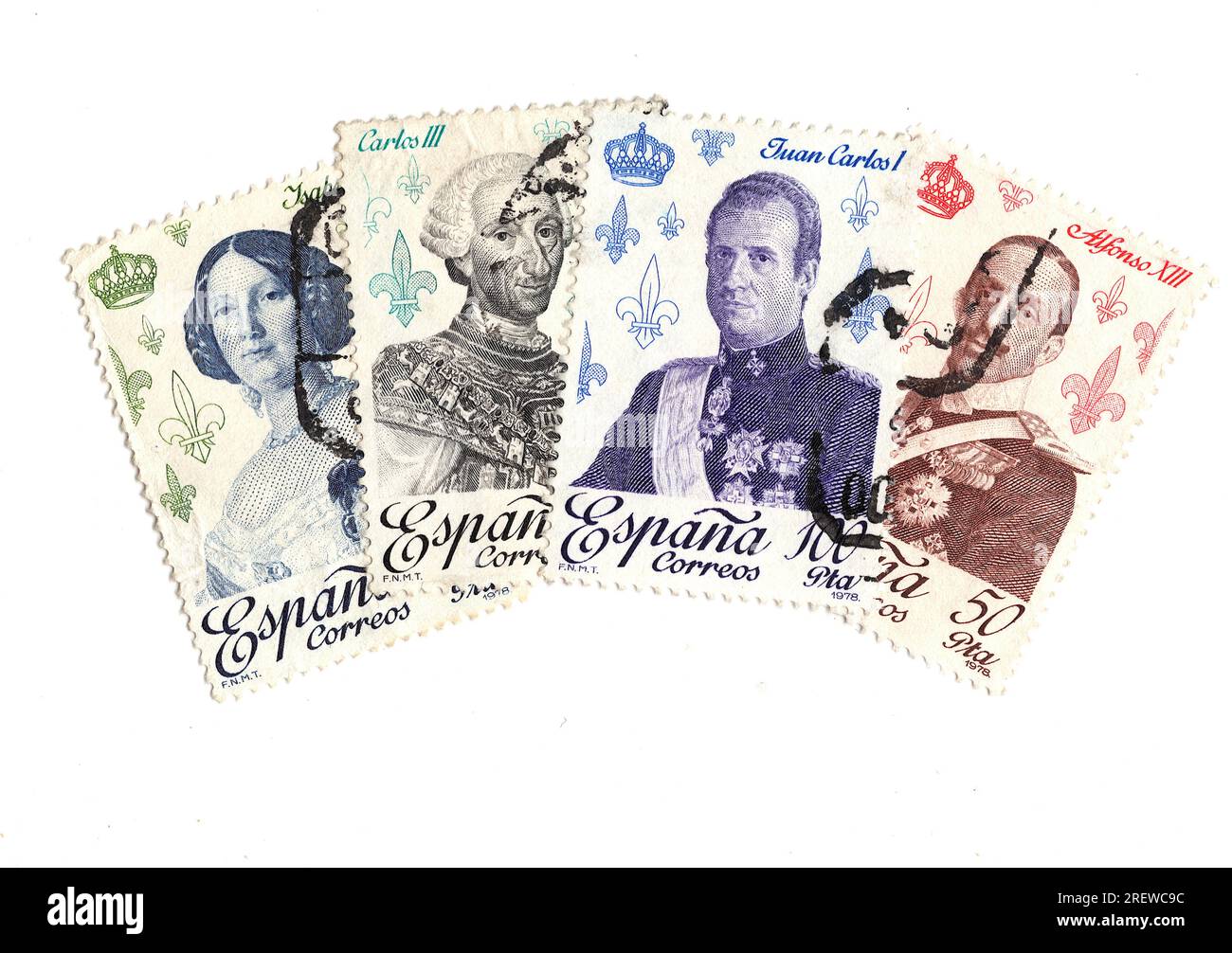 A montage of vintage postage stamps from Spain on a white background ...