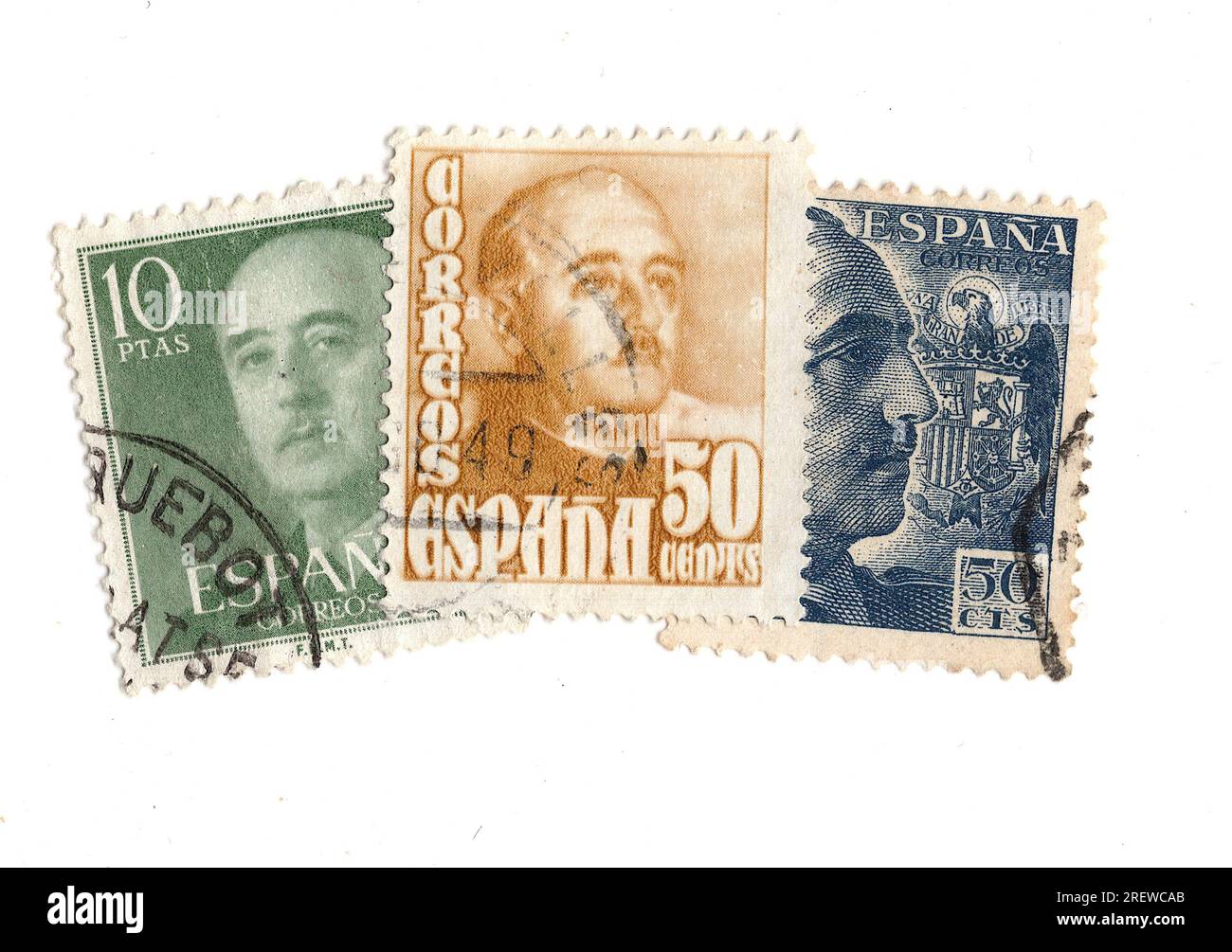 A montage of vintage postage stamps from Spain on a white background ...