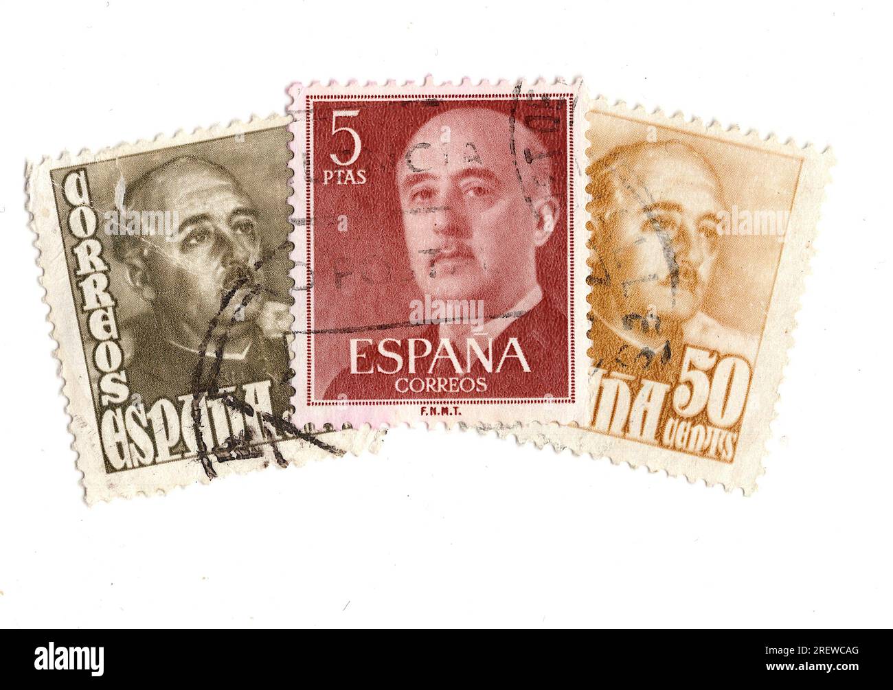 A montage of vintage postage stamps from Spain on a white background ...
