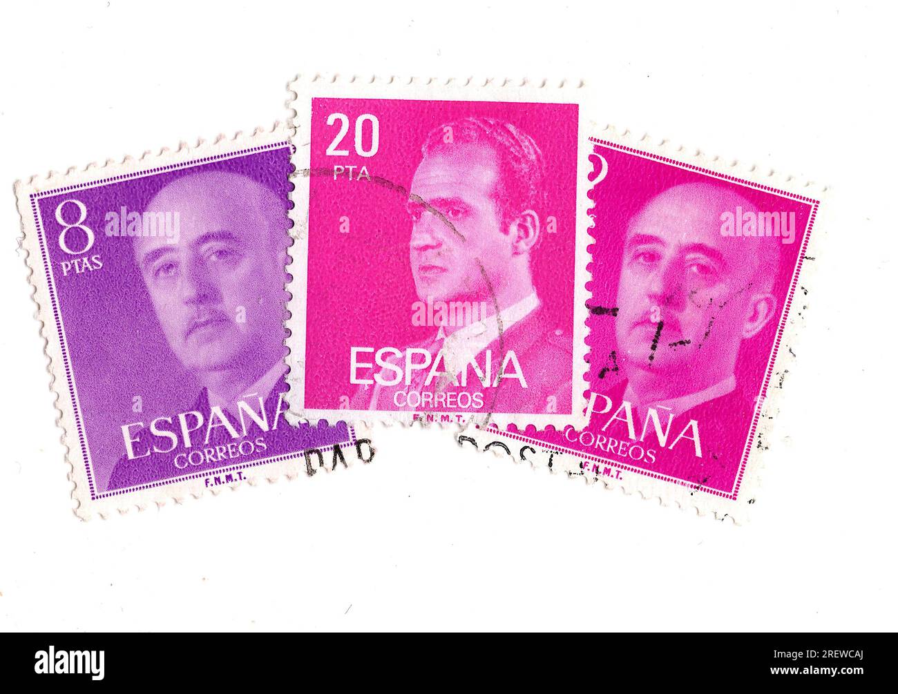 A montage of vintage postage stamps from Spain on a white background ...
