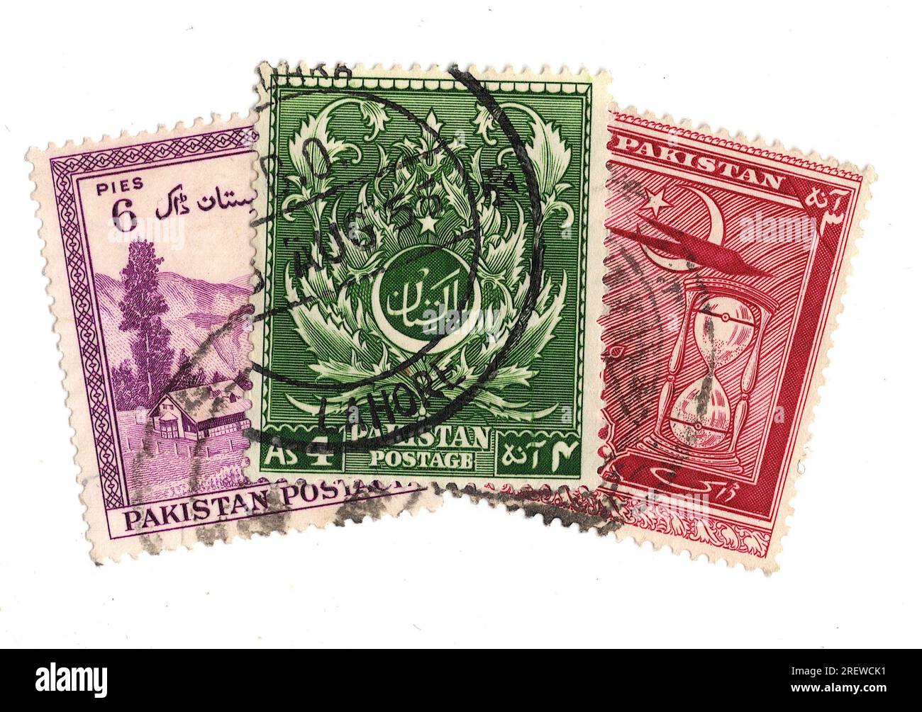 A montage of vintage postage stamps from Pakistan on a white background ...