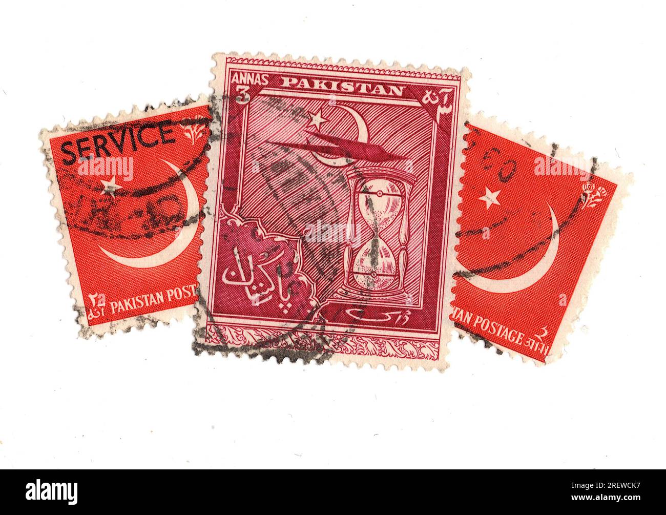 A montage of vintage postage stamps from Pakistan on a white background ...