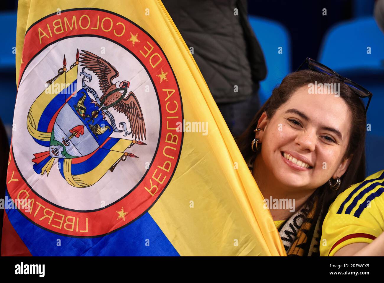 A Columbian fan holds up a flag ahead of the FIFA Women's World Cup ...