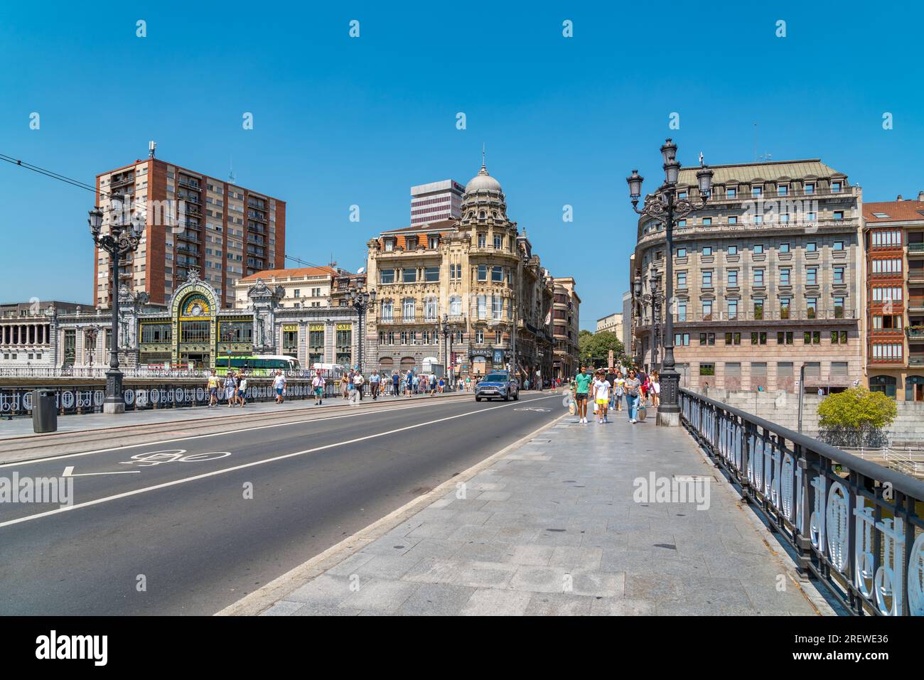 Old city center of Bilbao. View of bridge over the Nervion River ...