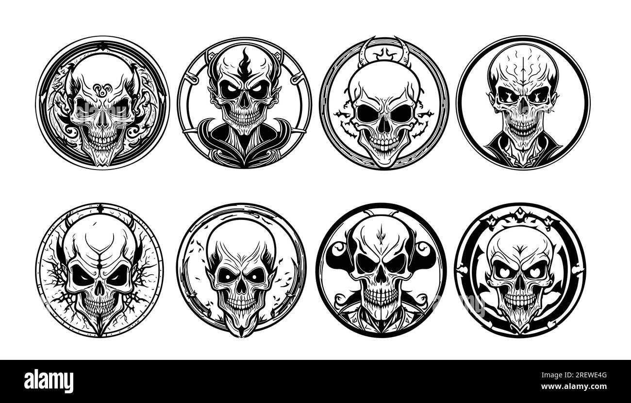 Skull Vampire, vector line art illustration - set of 8 Stock Vector ...