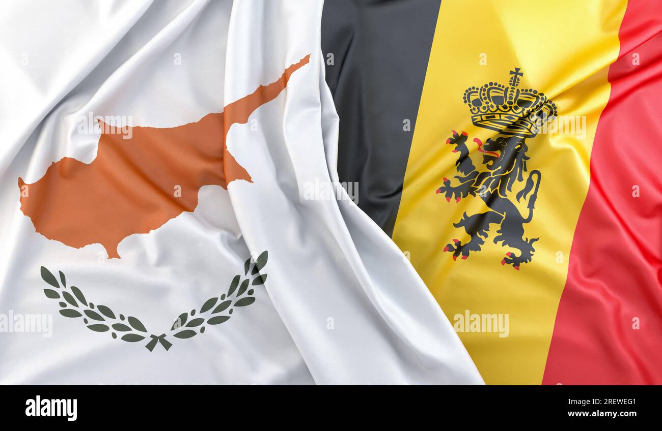 Ruffled Flags of Cyprus and Belgium (with coat of arms). 3D Rendering ...