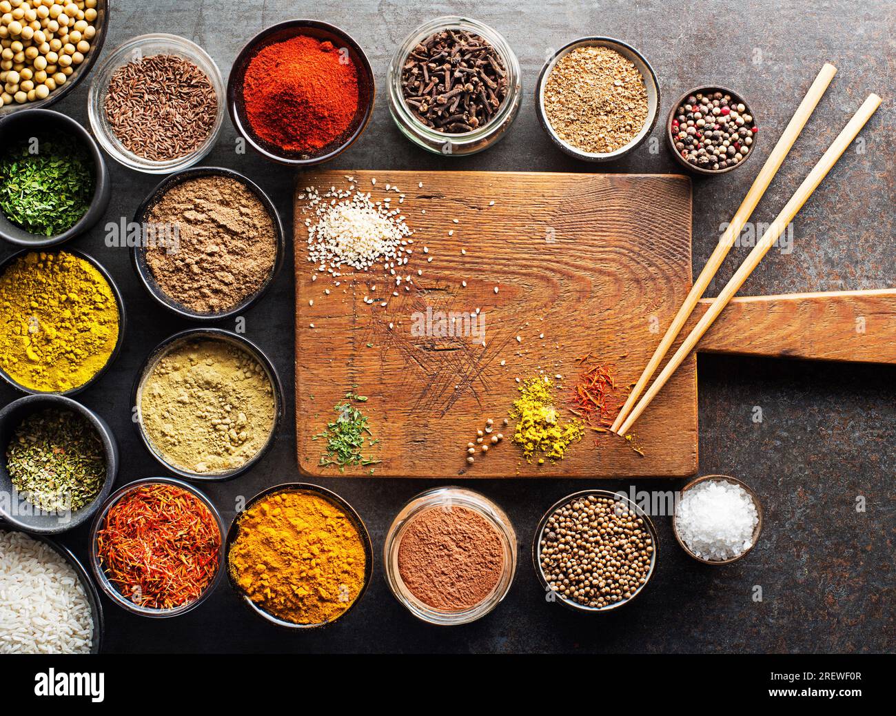 Colorful ingredients, herbs and spices for cooking dishes. Asian spices ...