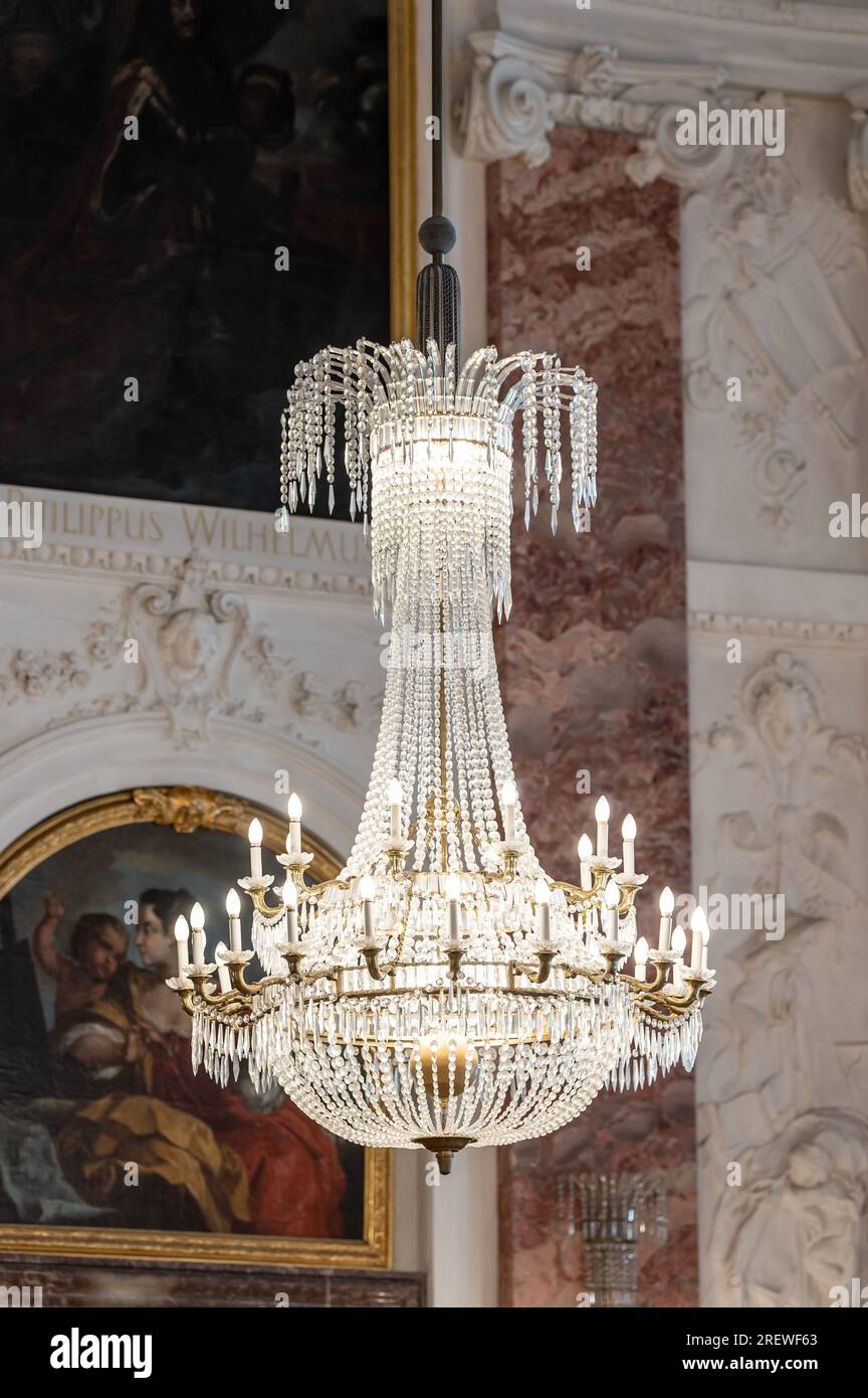 Mannheim, Germany. 28th July, 2023. Chandeliers hang in the Knights' Hall of the Mannheim ...