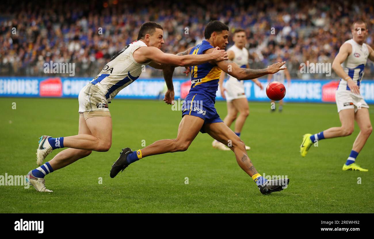 Perth, Australia. 30th July, 2023. Tim Kelly of the Eagles kicks under ...