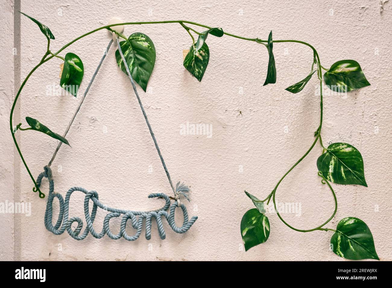 June 2023, Welcome sign made from denim fabric, Kurashiki Denim Street ...