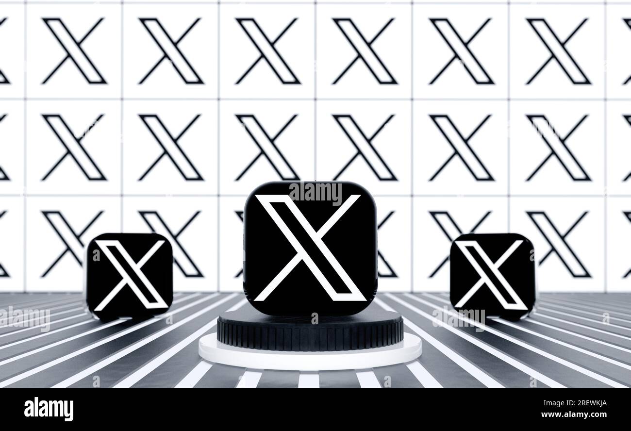 X app logo in front of Twitter blue bird symbol background. X is the ...