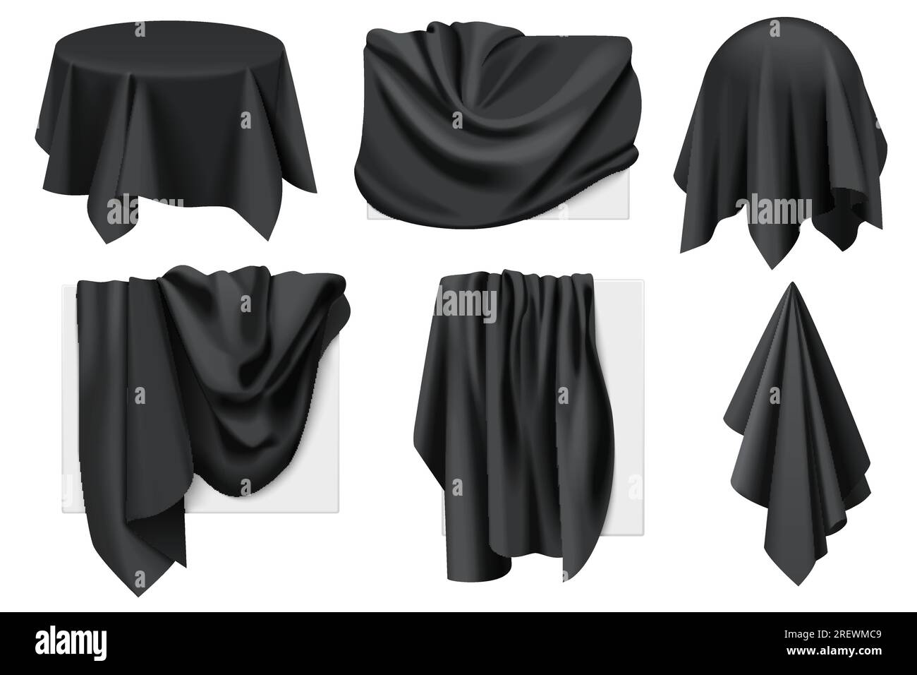 Black covers of objects with drapery set vector illustration. 3D ...