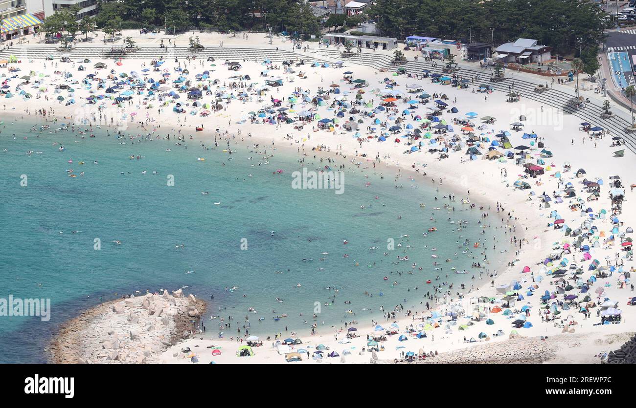 An aerial photo shows Shirahama Beach crowded with sea bathers during a ...
