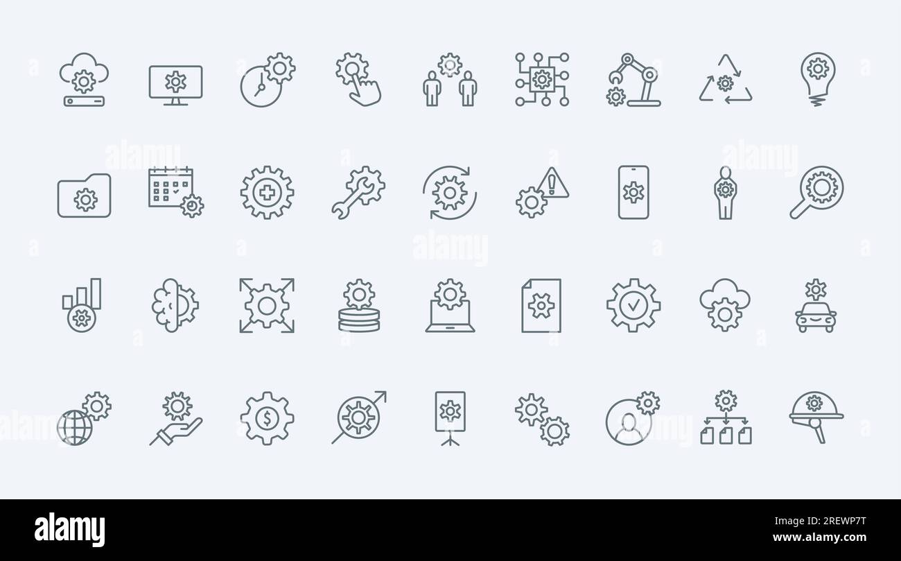 Gears, operations of repair and maintenance system line icons set ...