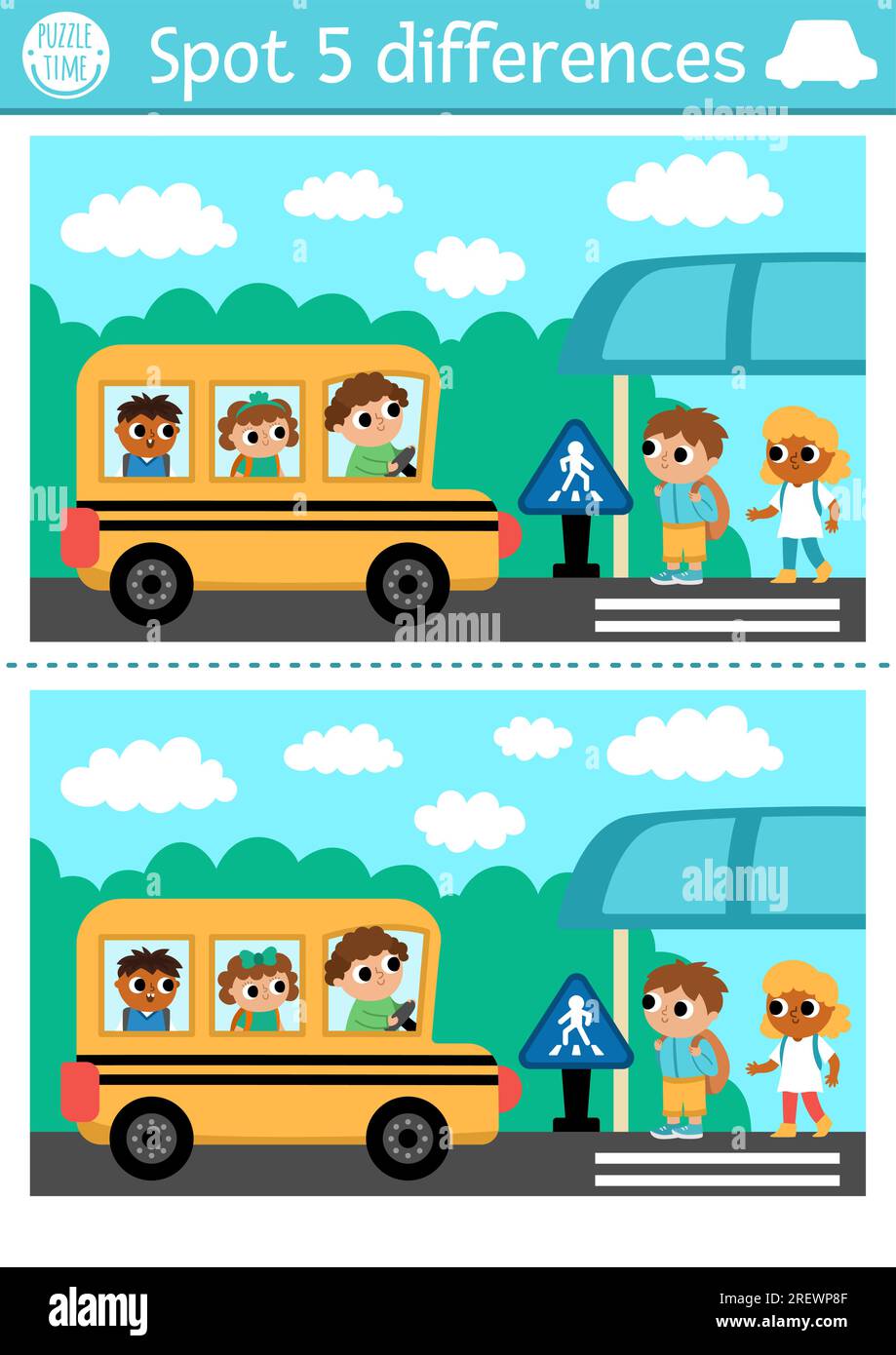 Find differences game for children. Transportation educational activity with cute school bus ...