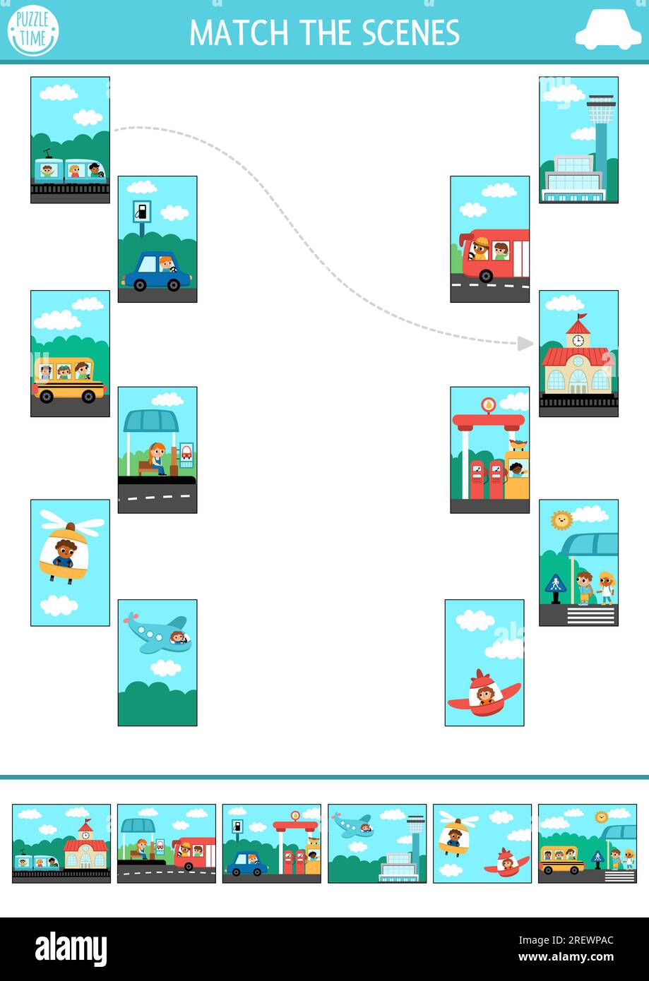 Transportation matching activity with cute plane, bus, car, helicopter ...