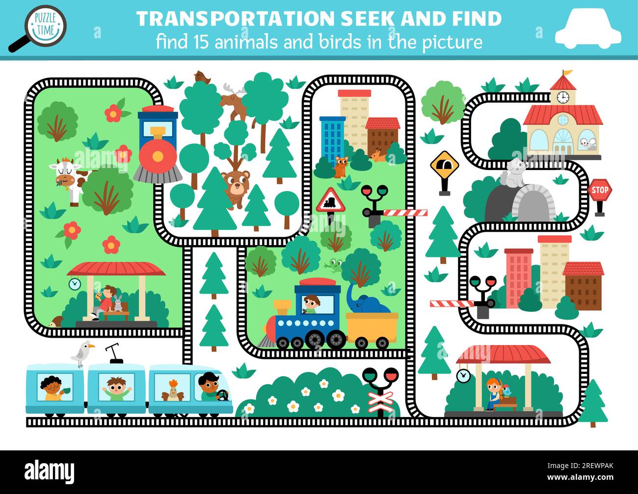 Vector transportation searching game with city landscape, rails, trains ...