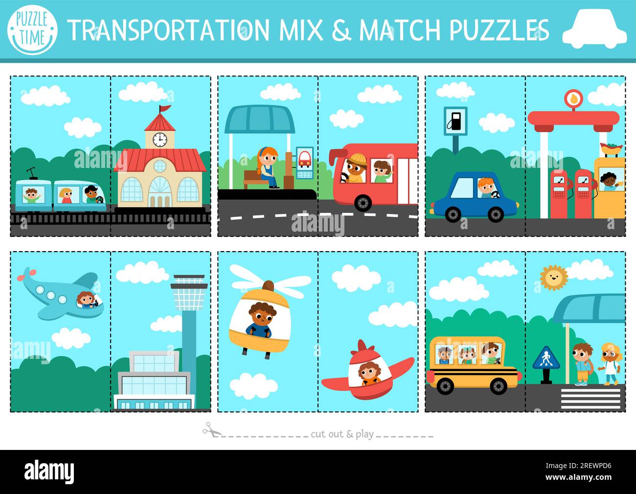 Vector transportation mix and match puzzle with cute scenes with car ...