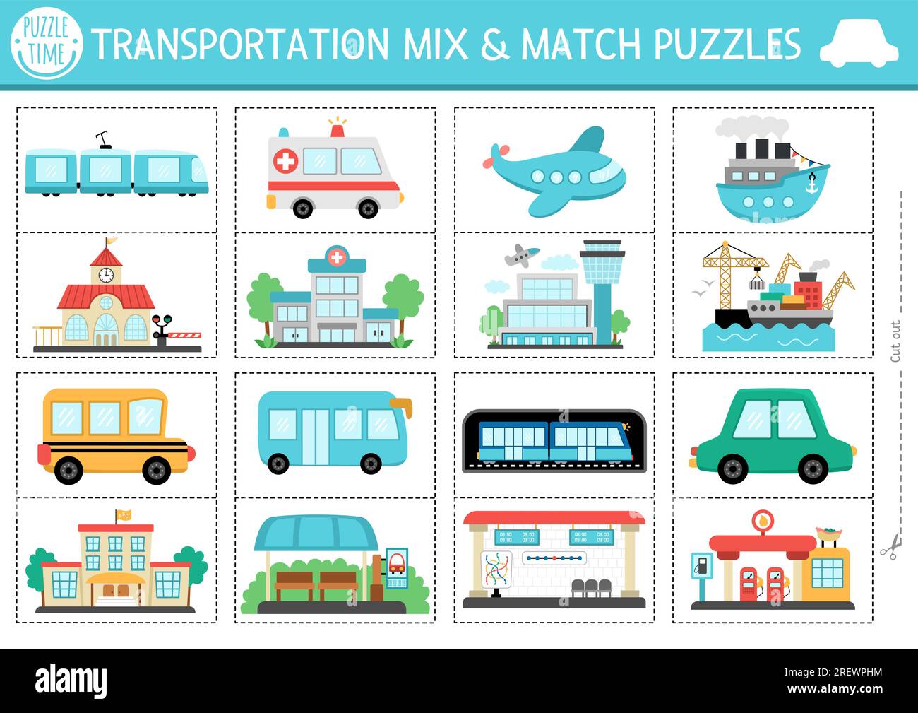 Vector transportation mix and match puzzle with cute car, ship, train ...