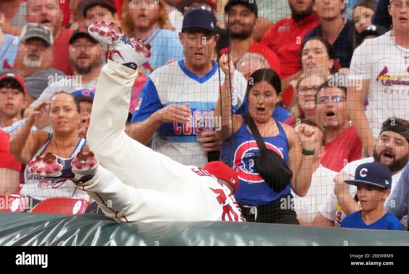 St. Louis Cardinals Paul Goldschmidt tumbles over the tarp as he ...