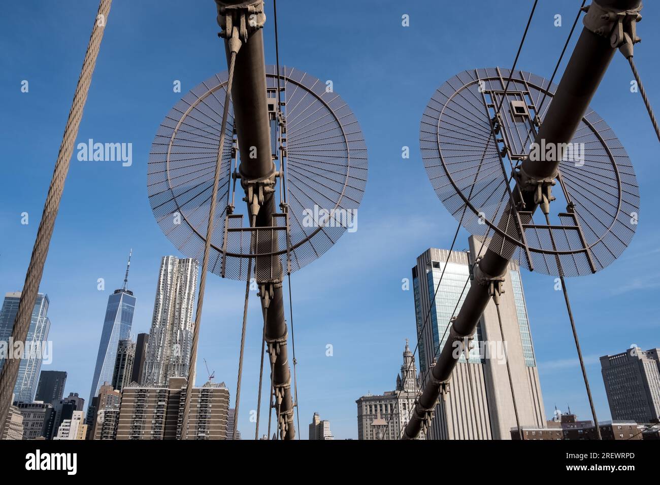 Architectural detail of the Brooklyn Bridge, a hybrid cable-stayed ...