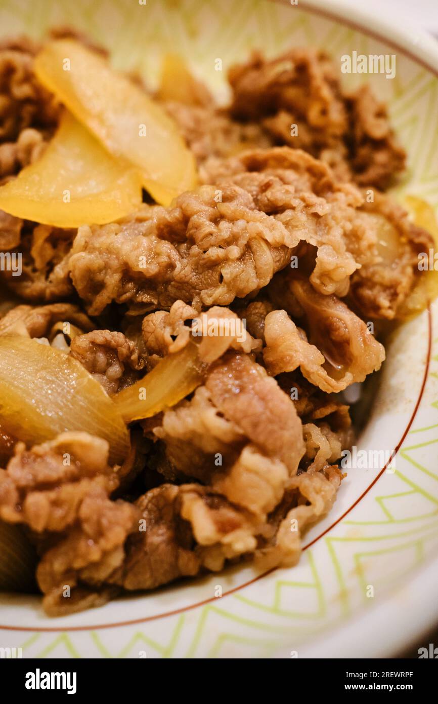 July 2023, A bowl of gyudon, a Japanese rice bowl topped with beef and ...