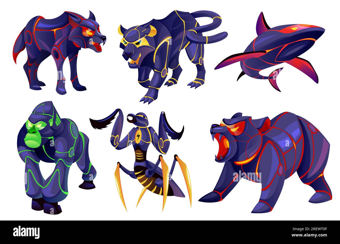 Cyborg animals. Futuristic dark metal fauna characters, robotic ...