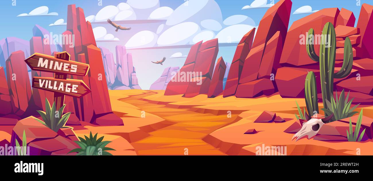 Desert landscape. Canyon panorama, cartoon rocks and stones, eagles in ...