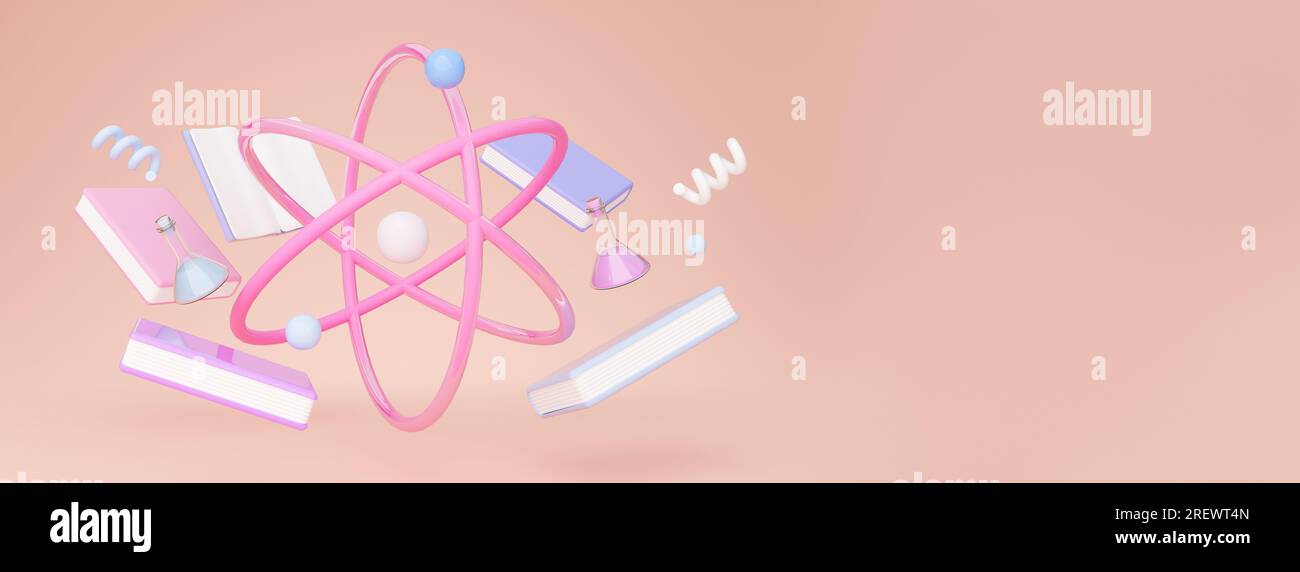 Pink Background With Atom Molecule Model And School Books, Panorama ...