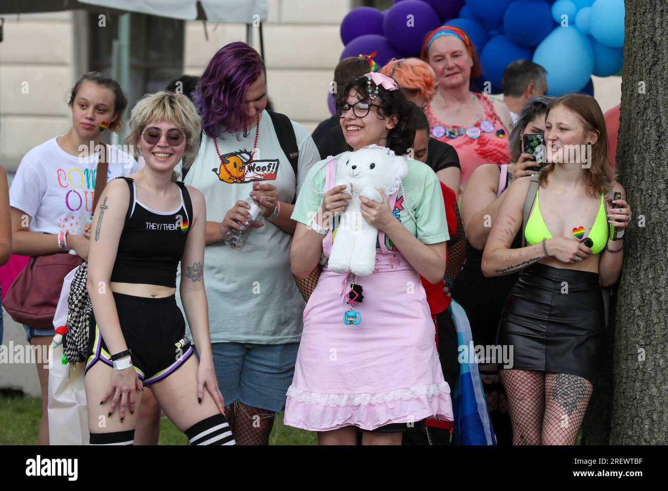 People gather to watch a drag performance during the 2023 Pride ...