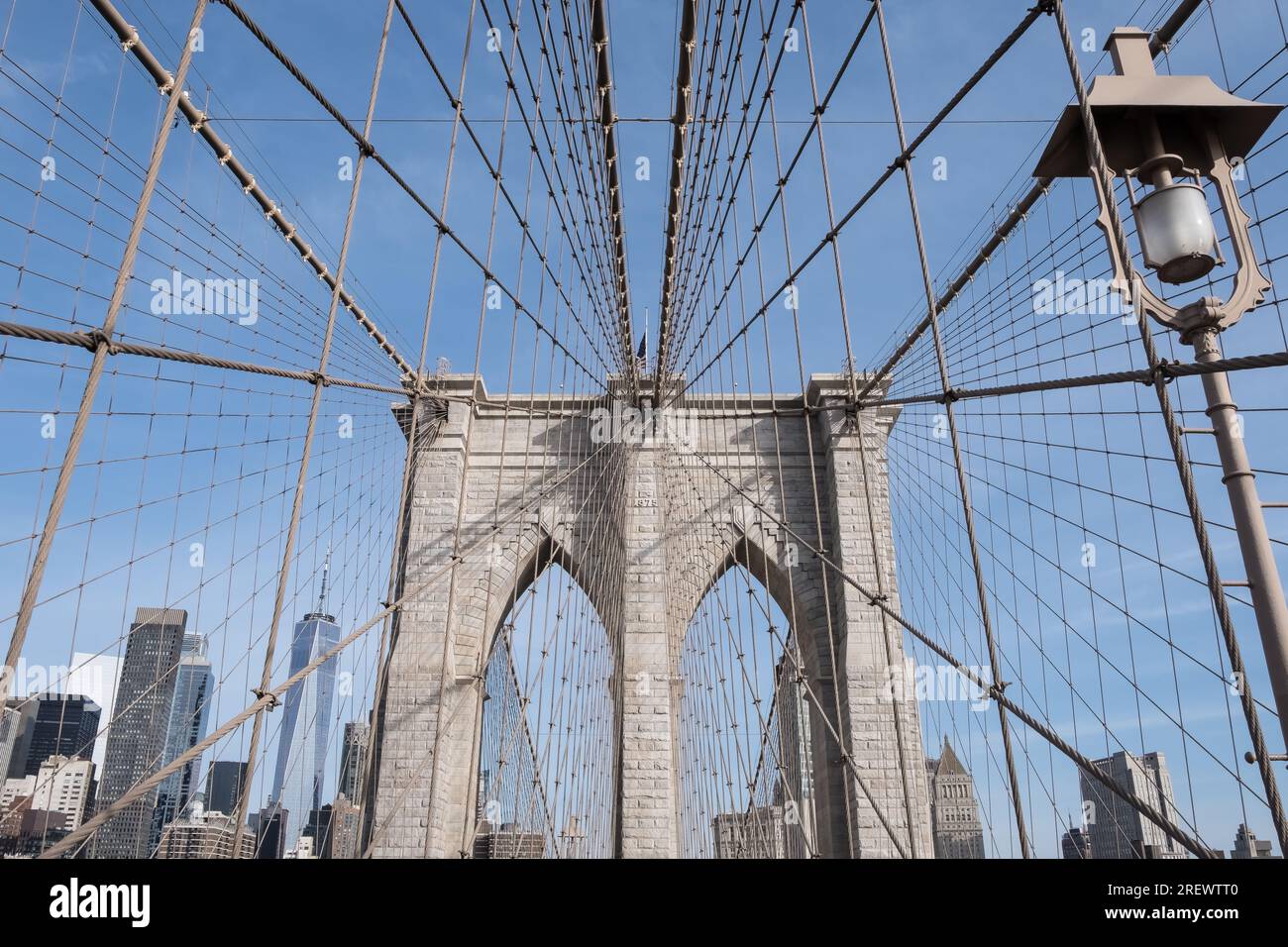 Architectural detail of the Brooklyn Bridge, a hybrid cable-stayed ...