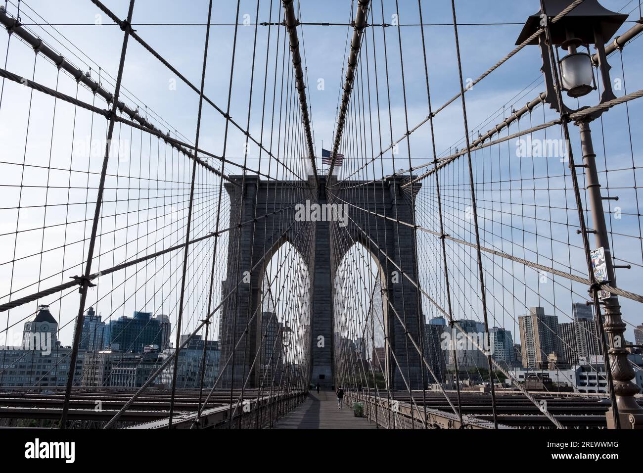 Architectural detail of the Brooklyn Bridge, a hybrid cable-stayed ...