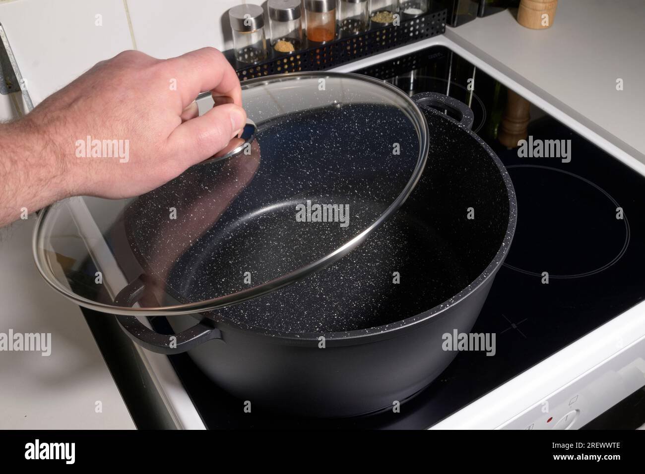 Empty stock pot with Non-stick marble coating inside and glass lid ...