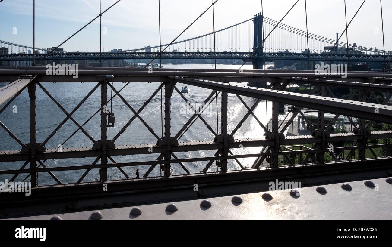 Architectural detail of the Brooklyn Bridge, a hybrid cable-stayed ...