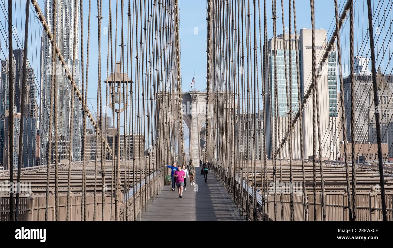 Architectural detail of the Brooklyn Bridge, a hybrid cable-stayed ...