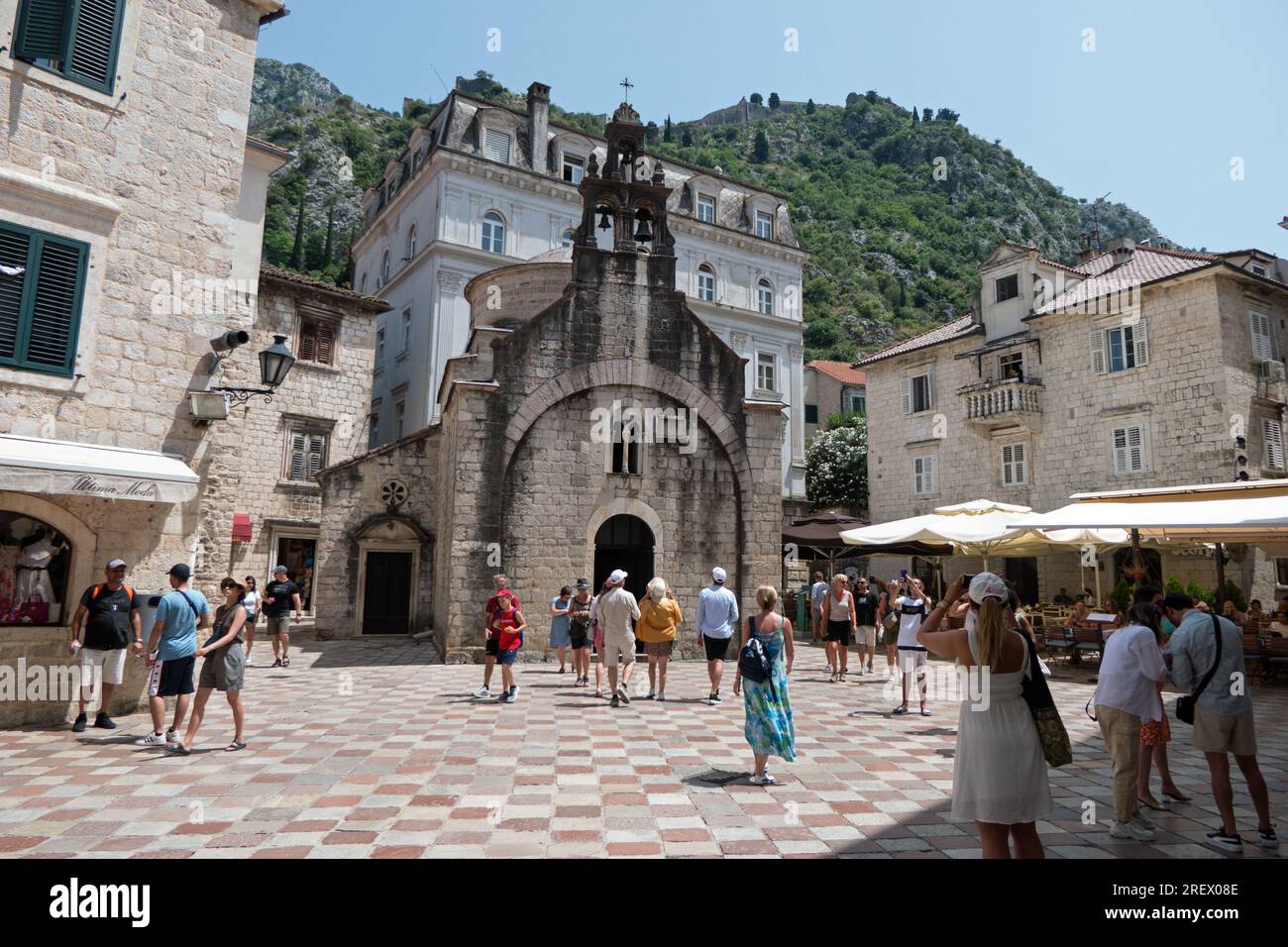 View of the city center of Kotor in Montenegro with people, landmarks ...
