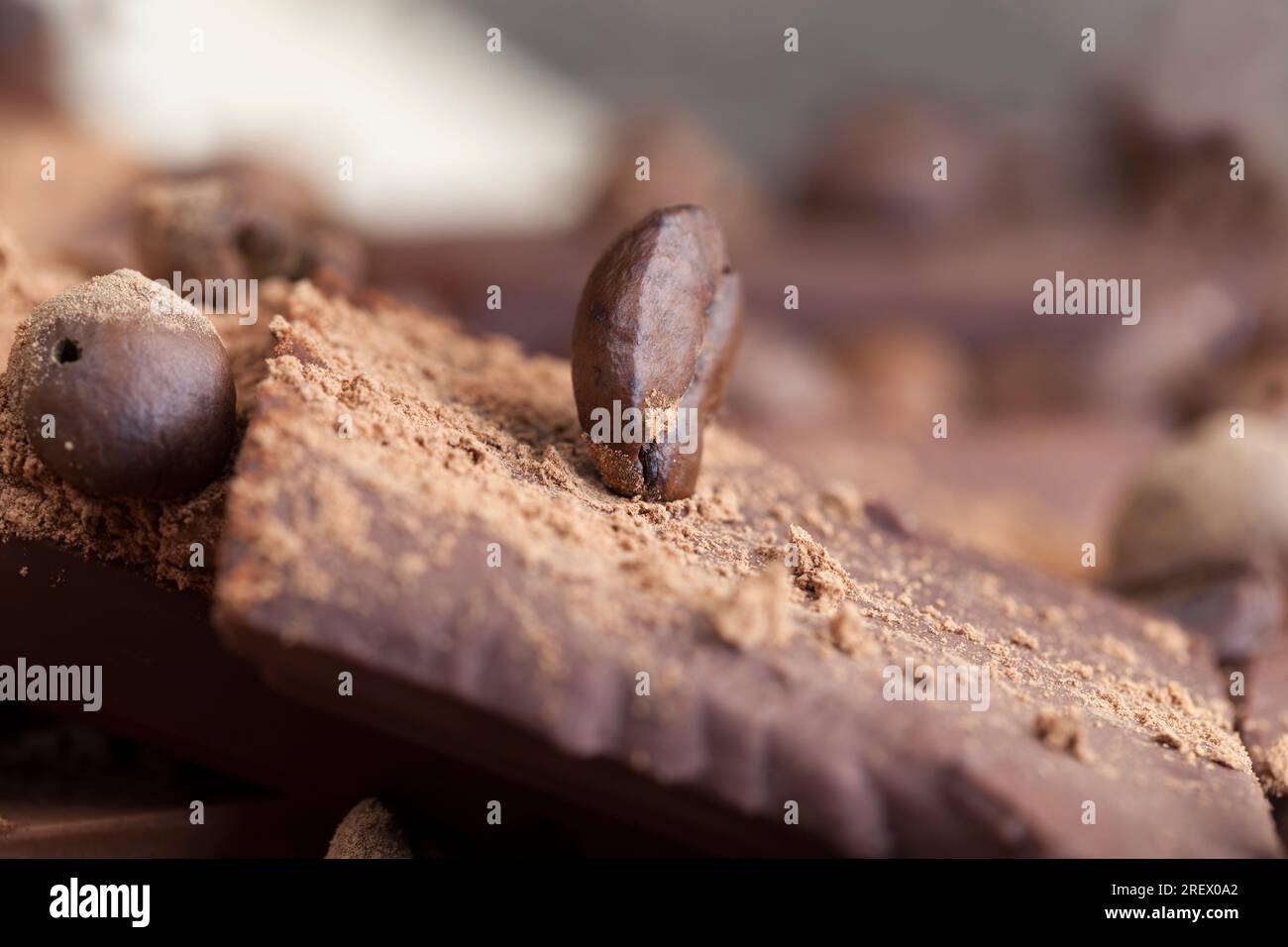 chocolate bar with cocoa powder topping and coffee beans, close up of ...