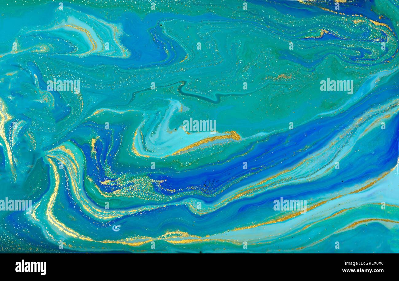 Golden and Green Wave Veins on Blue Marble Background Stock Photo - Alamy