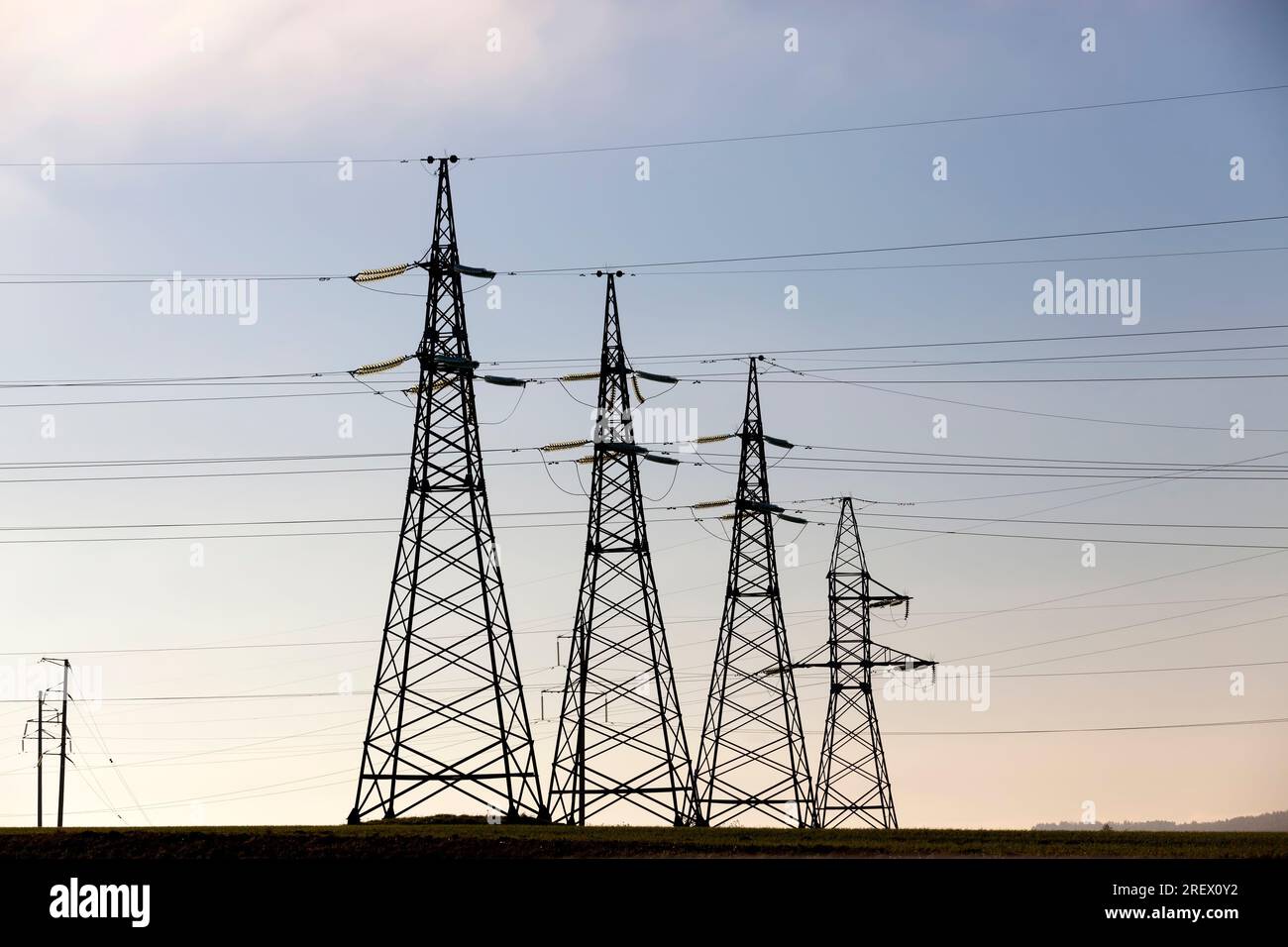 high voltage poles with electric wires, designed poles and metal wires ...