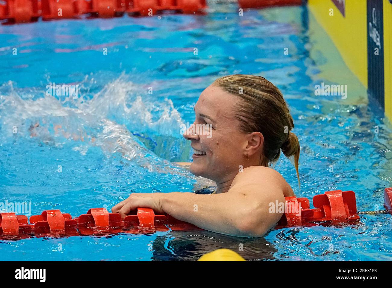 Sarah Sjoestroem, of Sweden, celebrates after winning the women's 50 ...