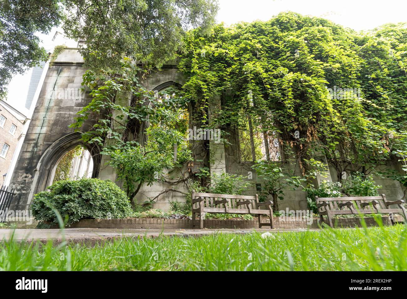 Old abandoned building of St Dunstan in the East Church and surrounding ...