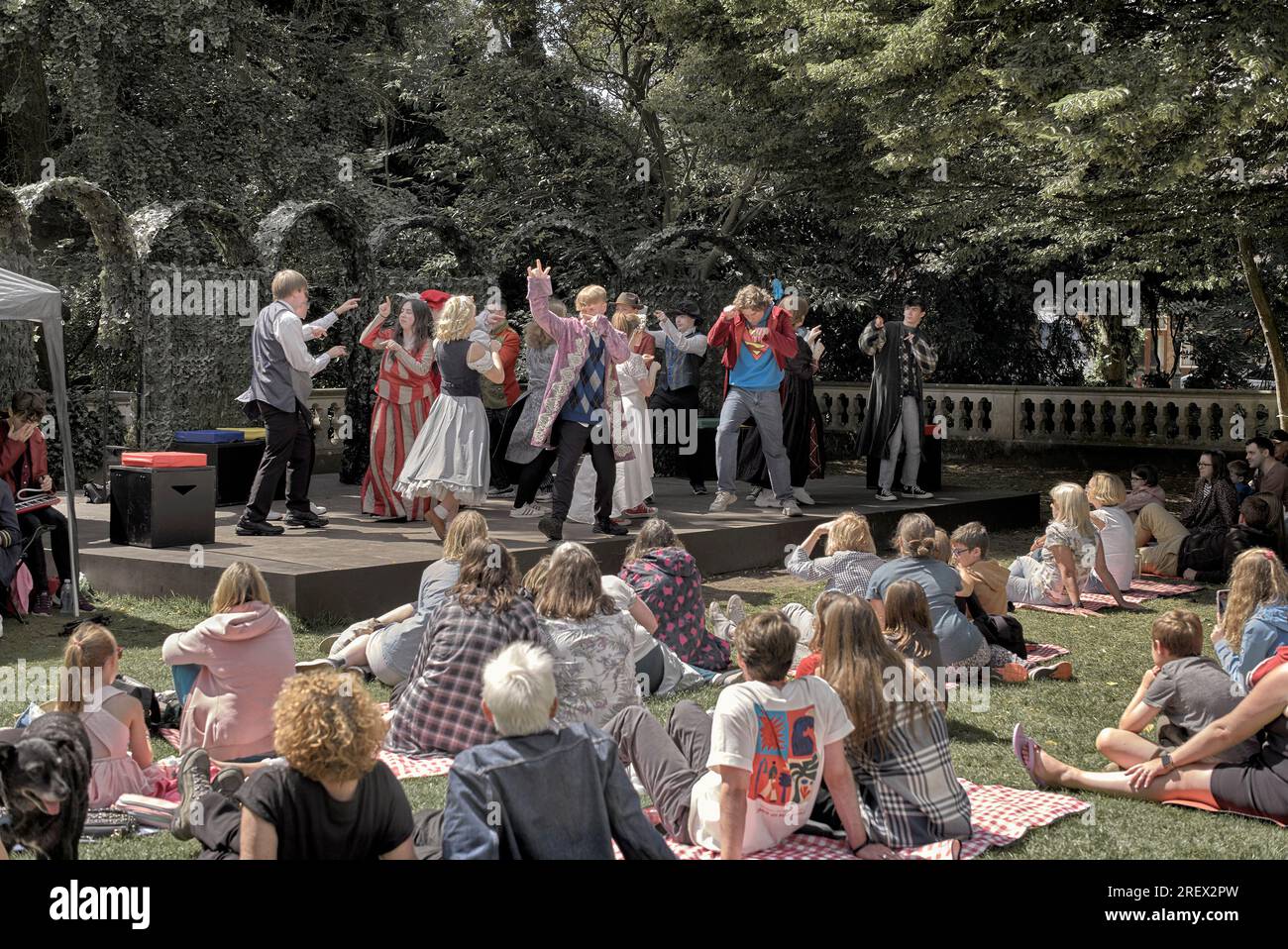 Actors on stage at an RSC open air theatre performing Shakespeare play ...