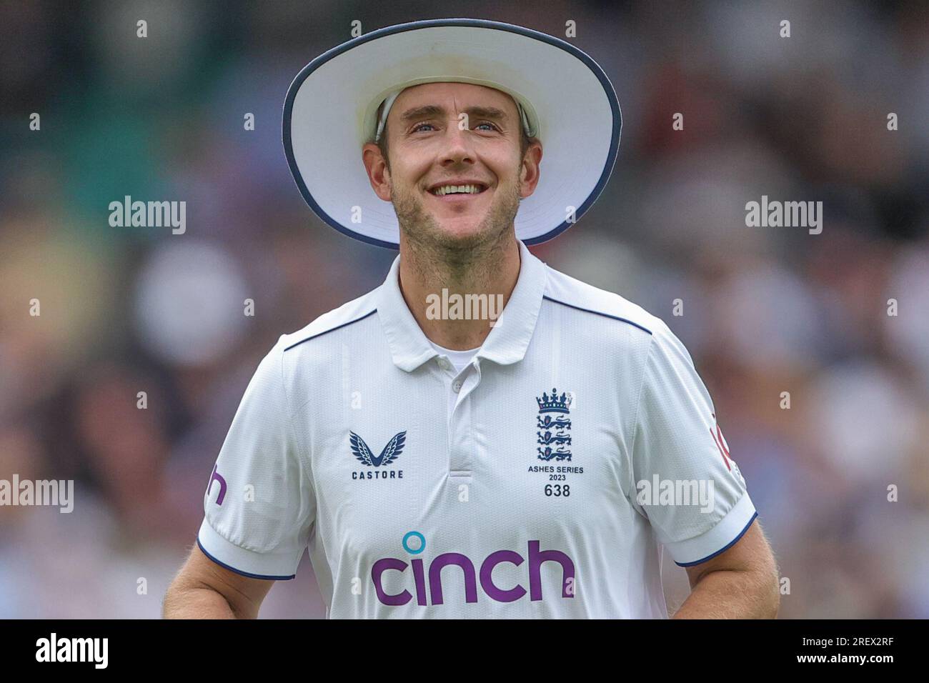Stuart Broad of England full of smiles as he looks up to the balcony ...
