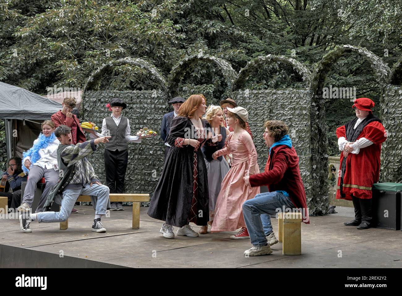Actors on stage at an RSC open air theatre performing Shakespeare play ...