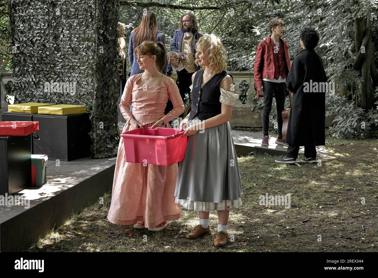 Actors on stage at an RSC open air theatre performing Shakespeare play ...