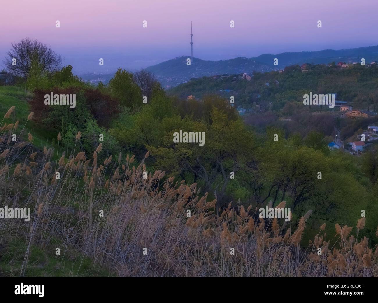View of the TV tower of the city of Almaty in the foothills of ...