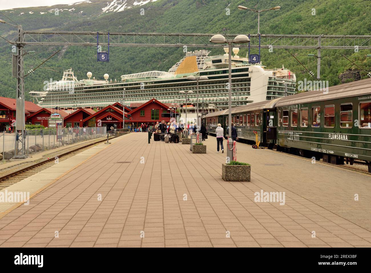 Passengers waiting to board the Flamsbana train at Flam station, Norway ...