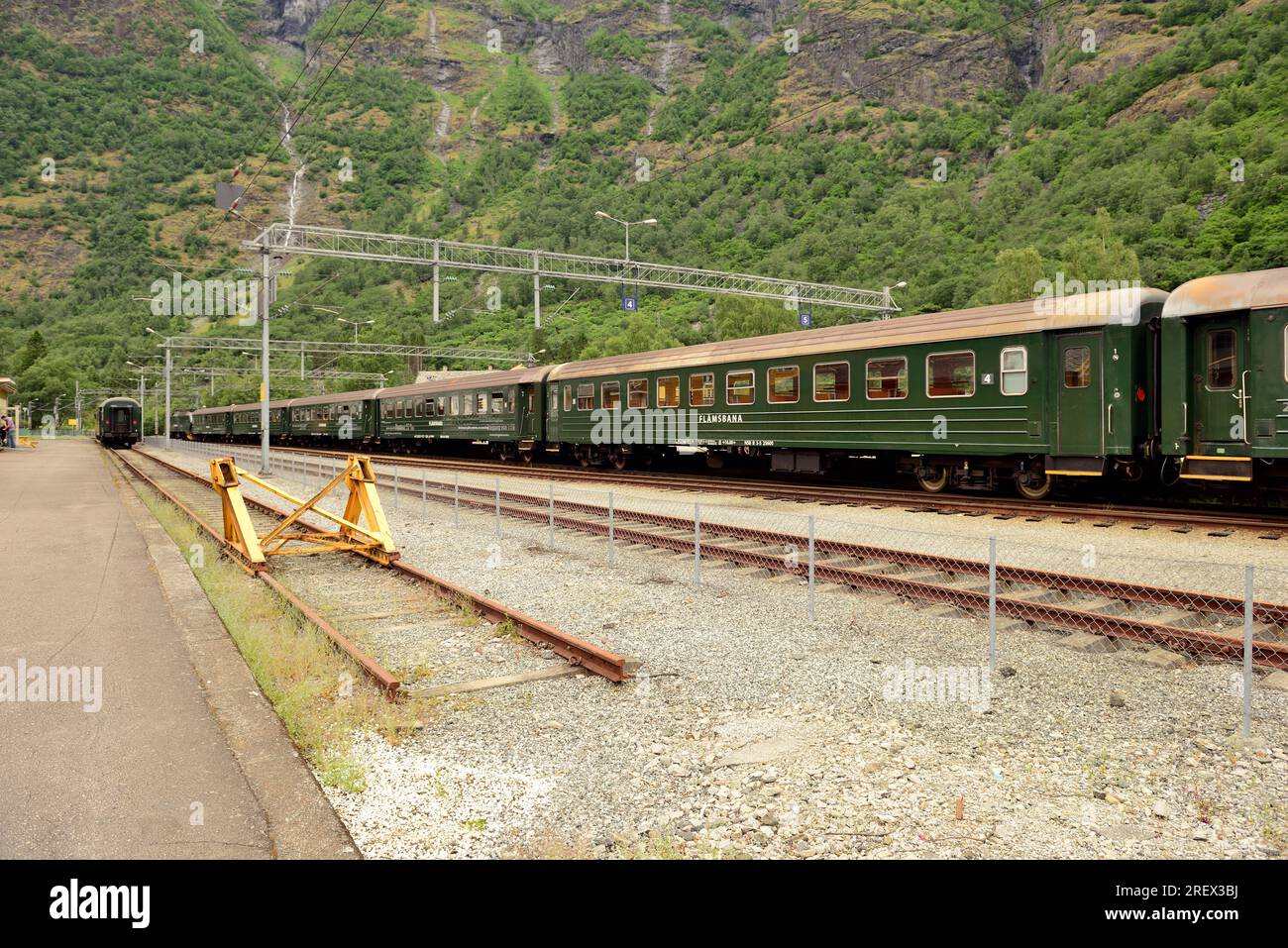 Coaches of the Flamsbana train at Flam station, Norway Stock Photo - Alamy