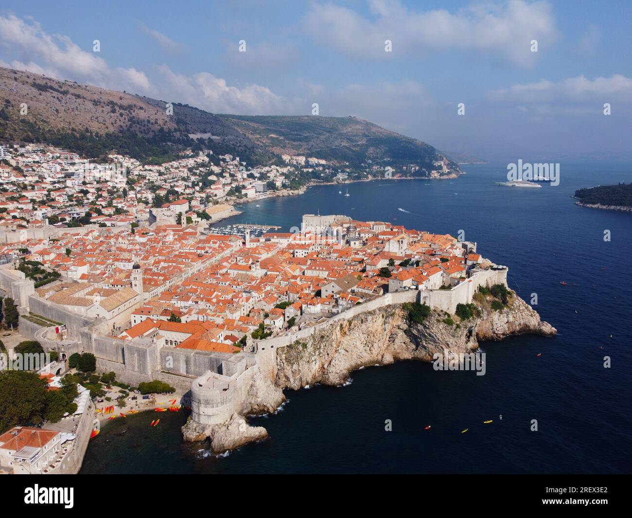 Aerial view of rooftops of Dubrovnik old historical town and Adriatic ...